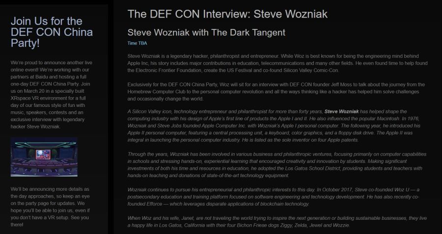 苹果联合创始人沃兹尼亚克将出席DEF CON CHINA Party全VR大会 | 极客公园