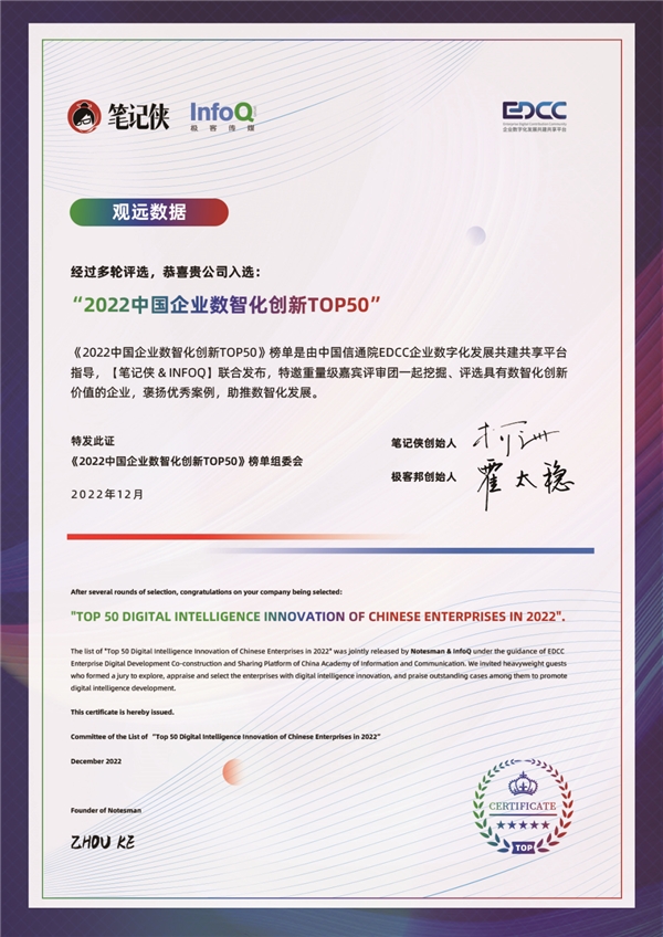 观远数据入选笔记侠和 InfoQ 联合发布《2022 中国企业数智化创新 TOP 50》榜单 | 极客公园